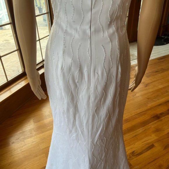 Landau | Dresses | Landa White Beads Strapless Satin Sweep Train ...